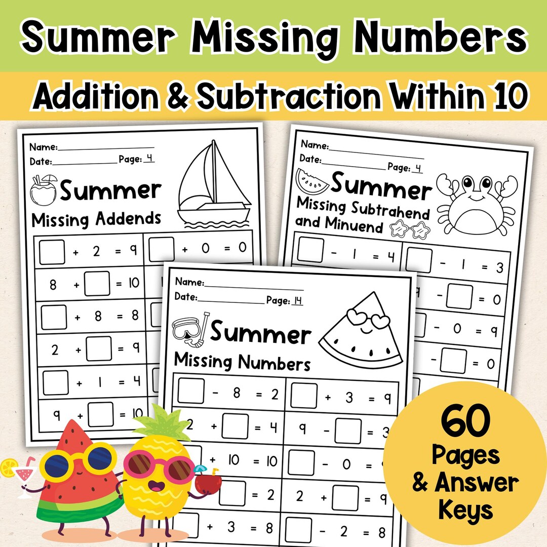 Summer Missing Numbers Worksheets | Addition and Subtraction Within 10 ...