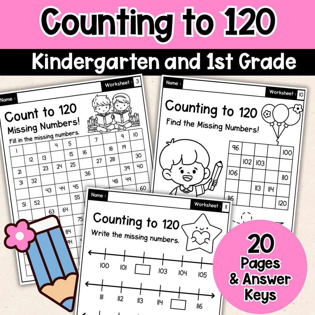 Counting to 120 Missing Numbers Worksheets | Kindergarten and 1st Grade ...