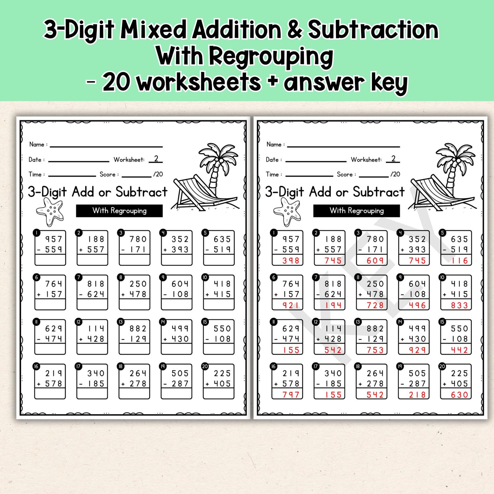 Summer 3-digit Addition and Subtraction Worksheets | With & Without ...