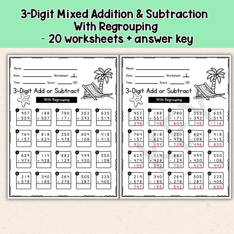 Summer 3-digit Addition and Subtraction Worksheets | With & Without ...