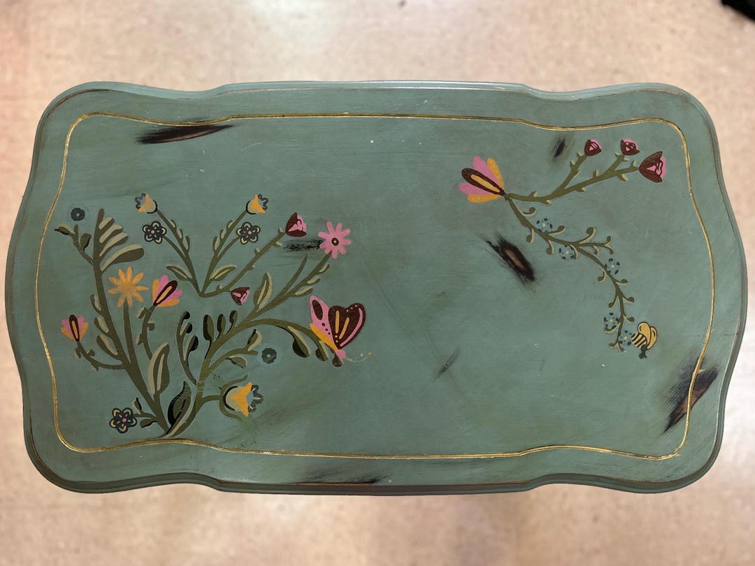 Hand-painted Accent Table — Vintage Turquoise Table With Floral ...