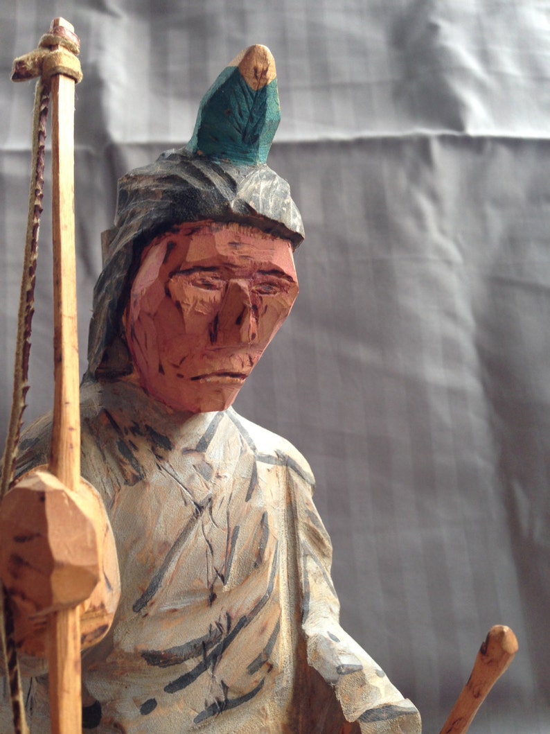 Native America Indian With Sled Folk Art Wood Carving - Folk Art ...