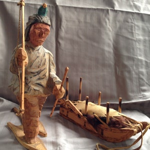 Native America Indian With Sled Folk Art Wood Carving - Folk Art ...