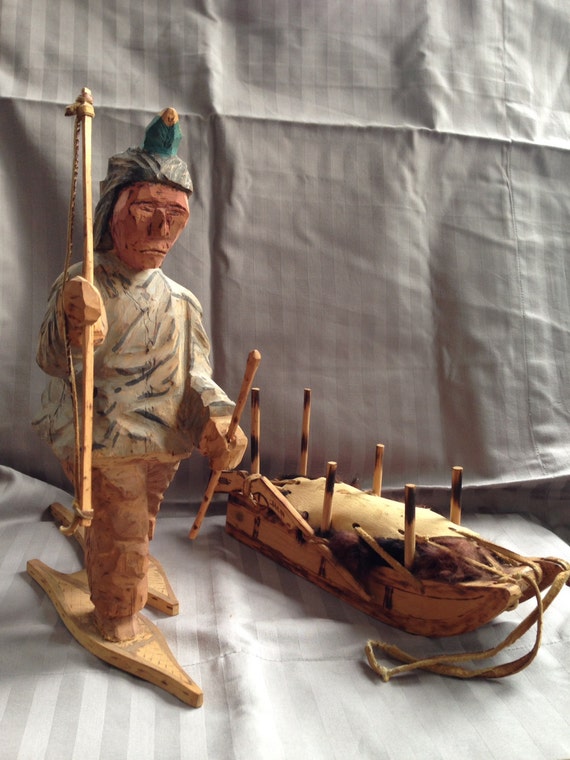Native America Indian With Sled Folk Art Wood Carving Folk | Etsy