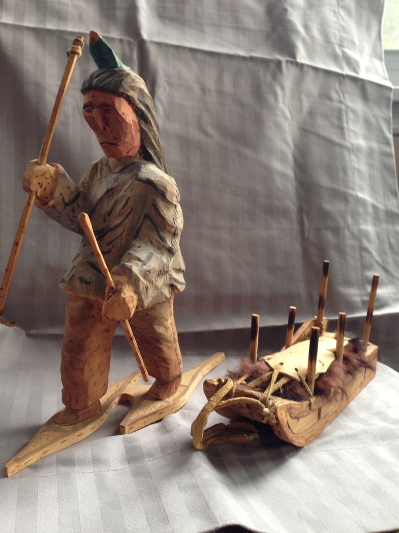 Native America Indian With Sled Folk Art Wood Carving - Folk Art ...