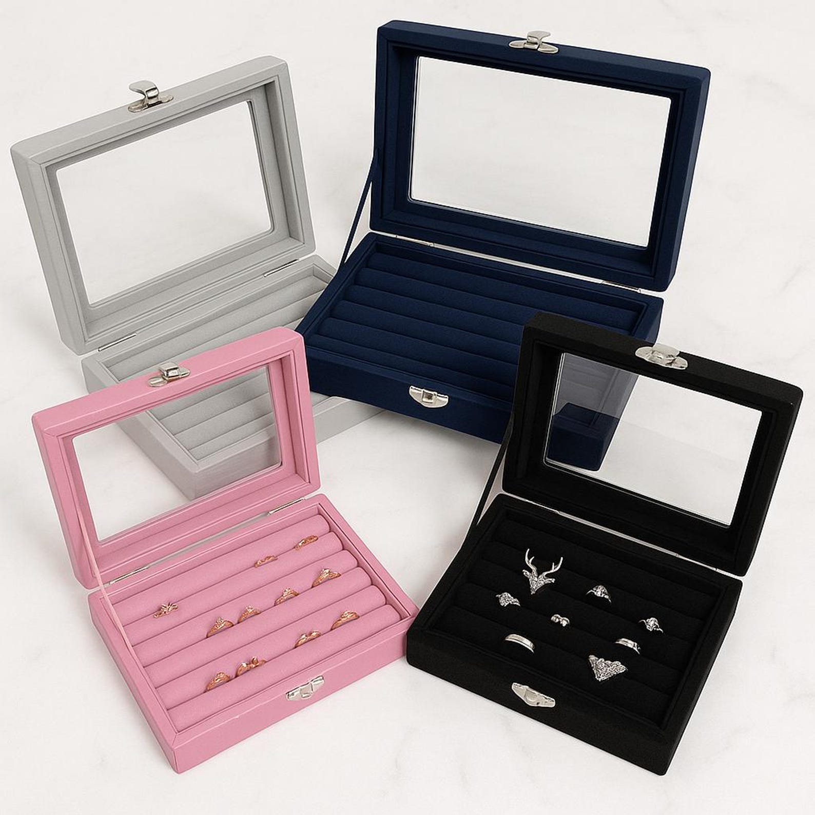 Glass-lid Ring Display Box: Vegan Leather & Velvet Jewelry Organizer - Etsy