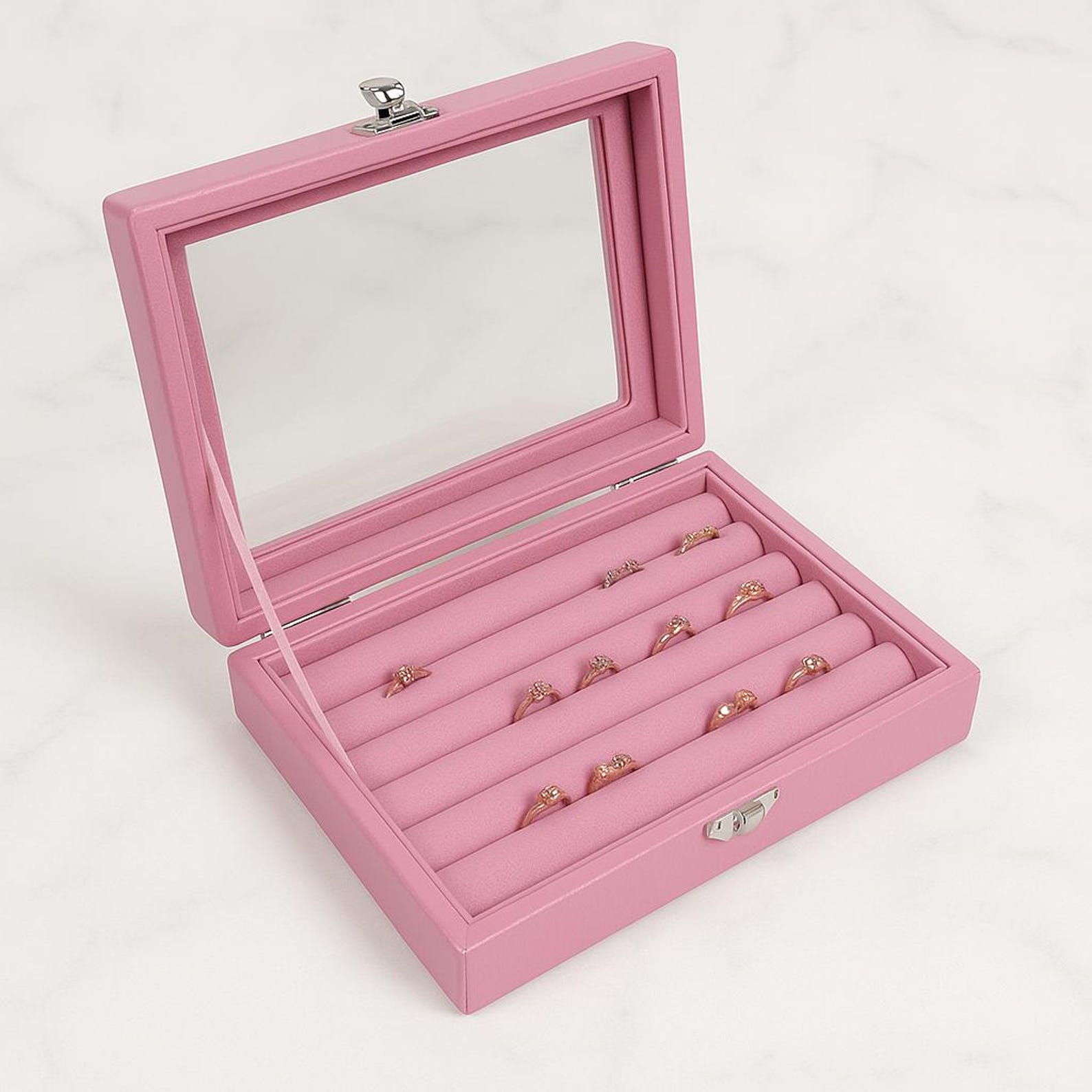 Glass-lid Ring Display Box: Vegan Leather & Velvet Jewelry Organizer - Etsy