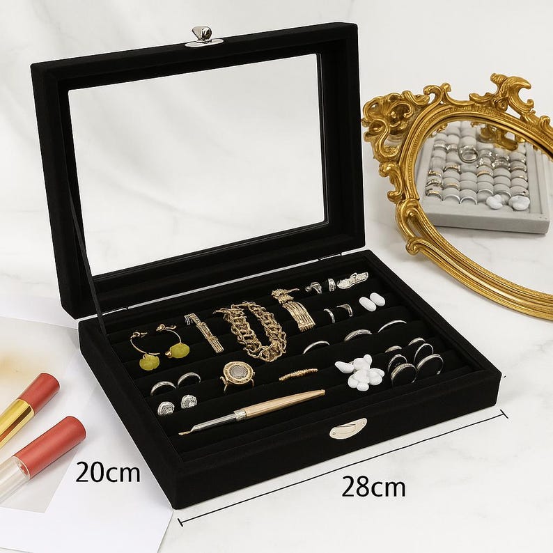 Glass-lid Ring Display Box: Vegan Leather & Velvet Jewelry Organizer - Etsy