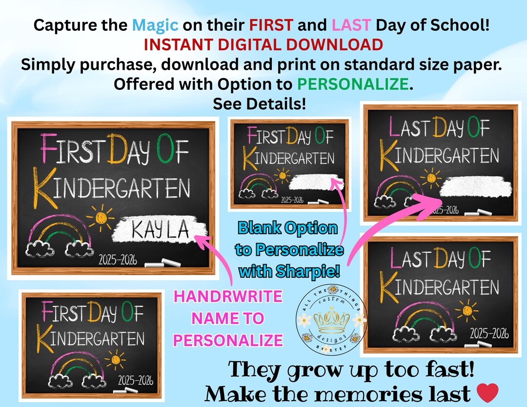 Kindergarten First and Last Day Sign: Photo Prop, Printable (digital ...