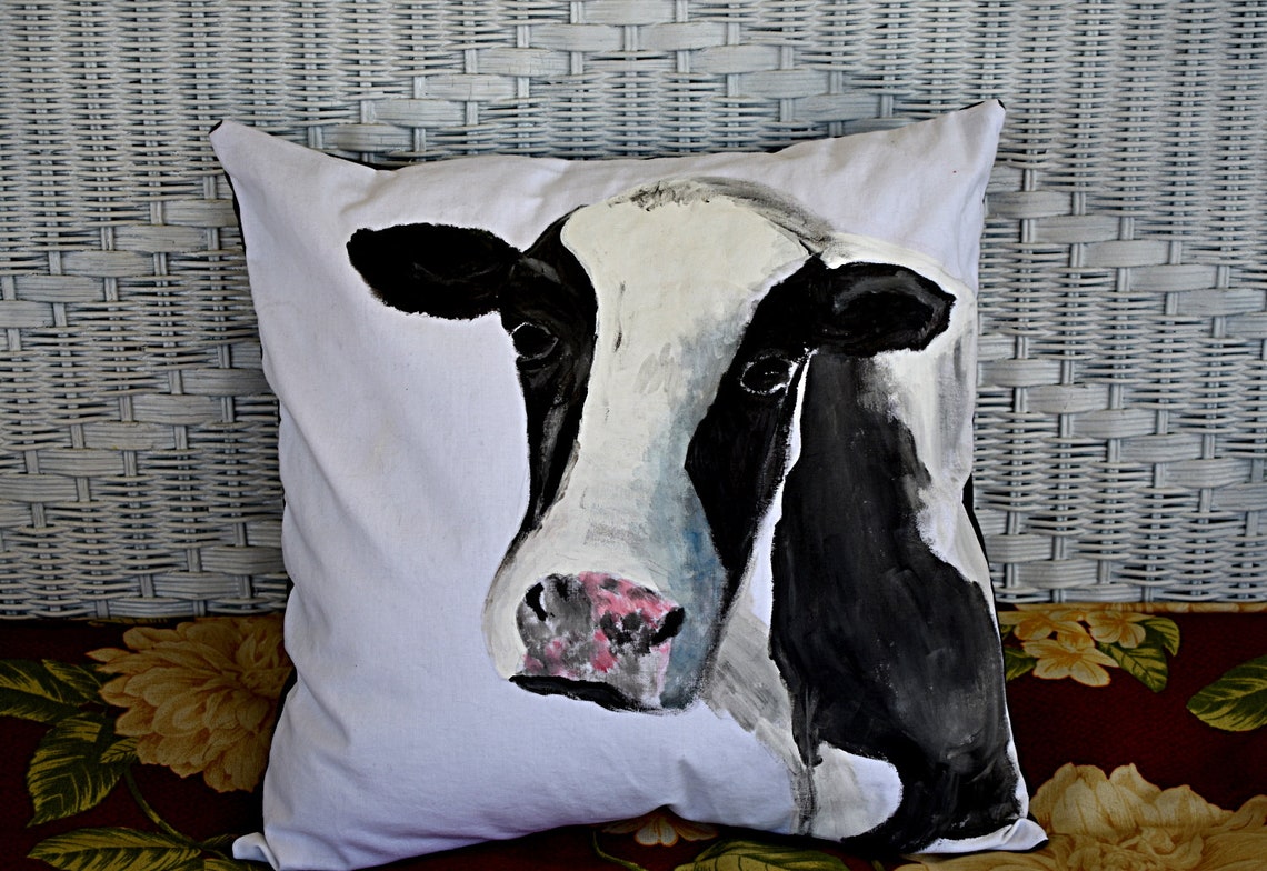 Original Hand Painted Pillow ,cow, Cow on White,cow Pillow, Farmhouse ...