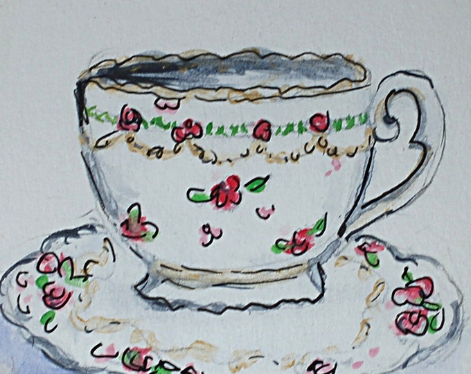 Original ACEO Painting Watercolor and Pen and Ink Vintage China Tea Cup ...