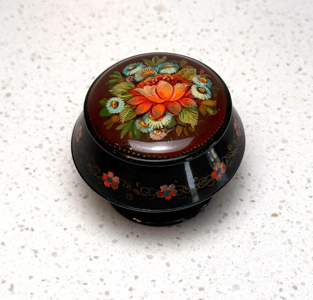 Vintage Russian Lacquer Box – Hand-painted Floral Pedestal Trinket Box ...