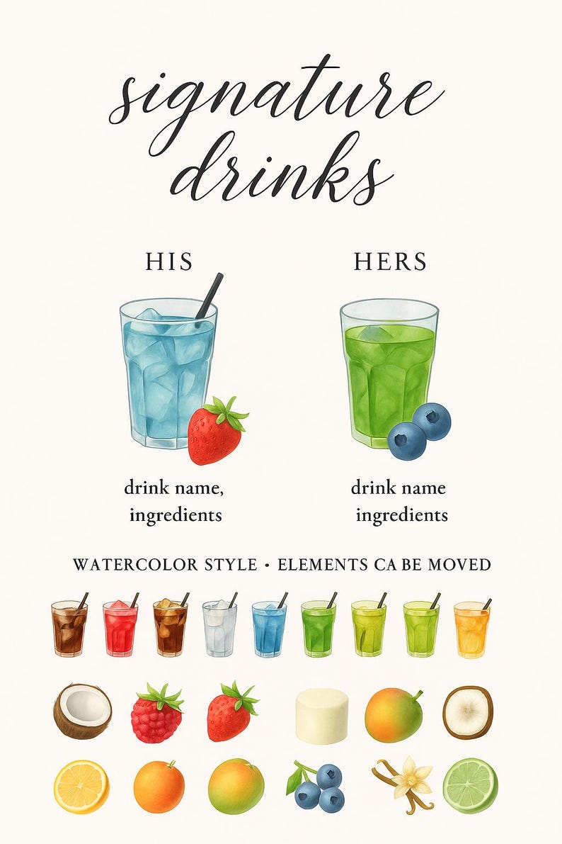 Watercolor Mocktail Sign Template: Customizable Drink Menu (canva ...