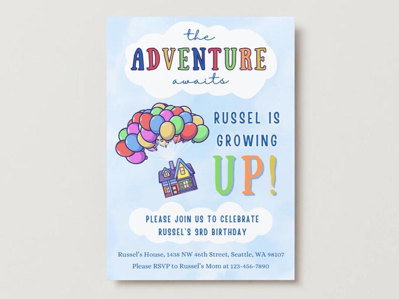 Up Birthday Invitation, Pixar up Birthday, Kids Balloon Birthday Invite ...