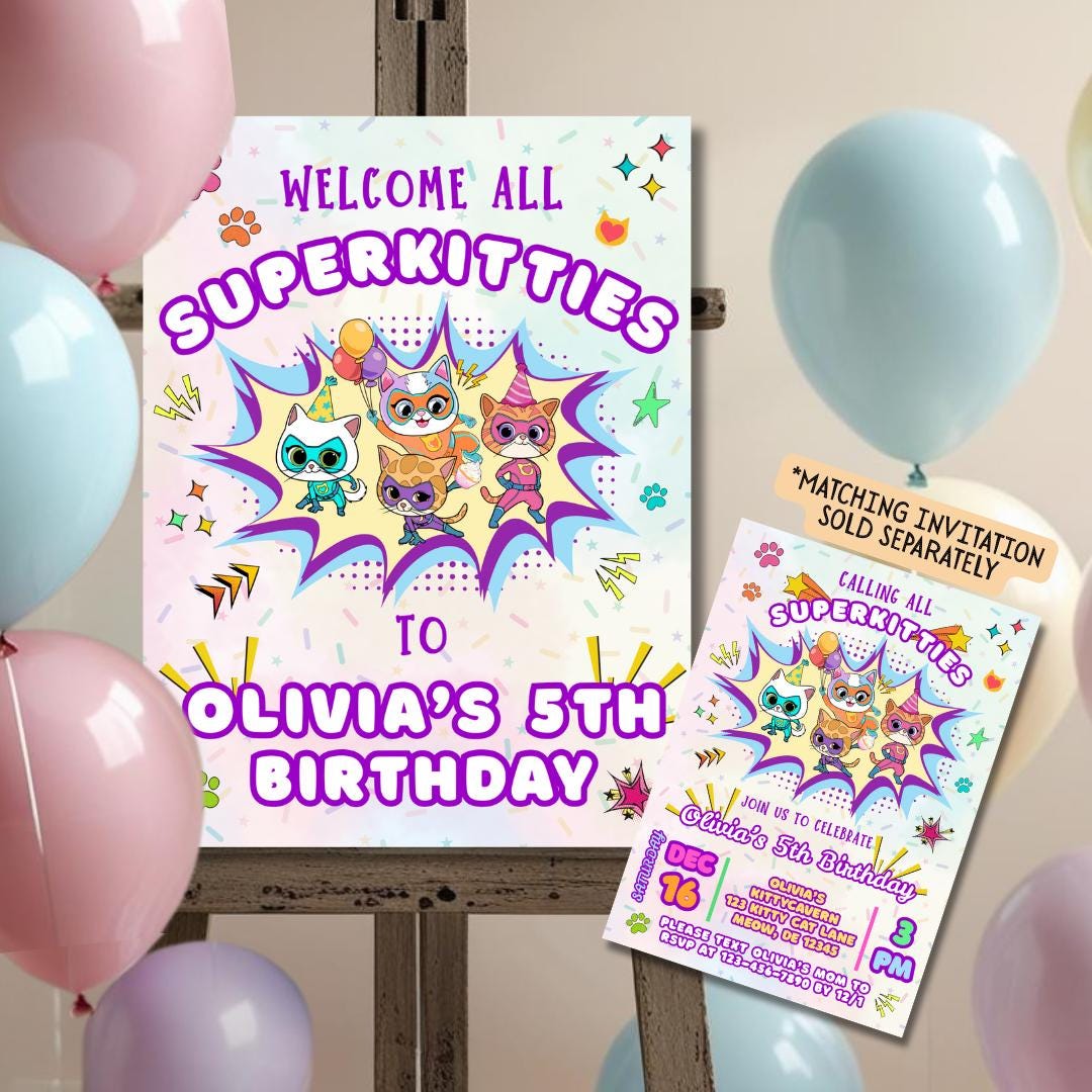Superkitties Birthday Welcome Sign: Editable Kids Party Poster, Instant ...