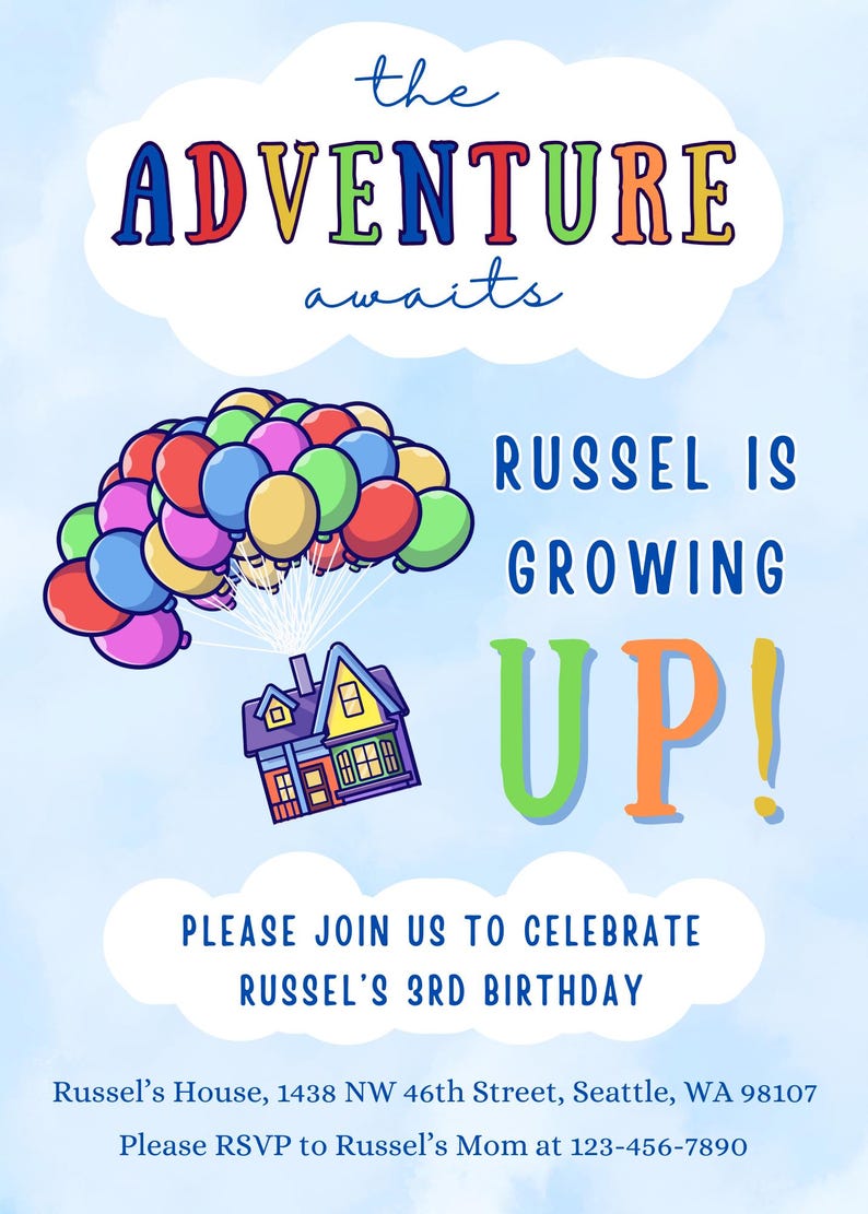 Up Birthday Invitation, Pixar up Birthday, Kids Balloon Birthday Invite ...
