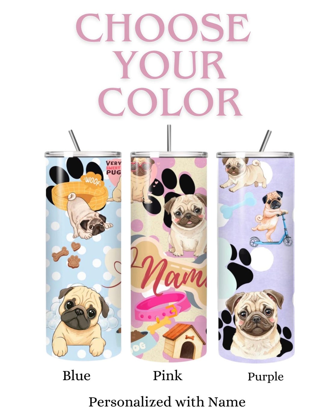 Personalized Pug Tumbler Cup – Cute Pug Dog Tumbler With Name – Pug ...