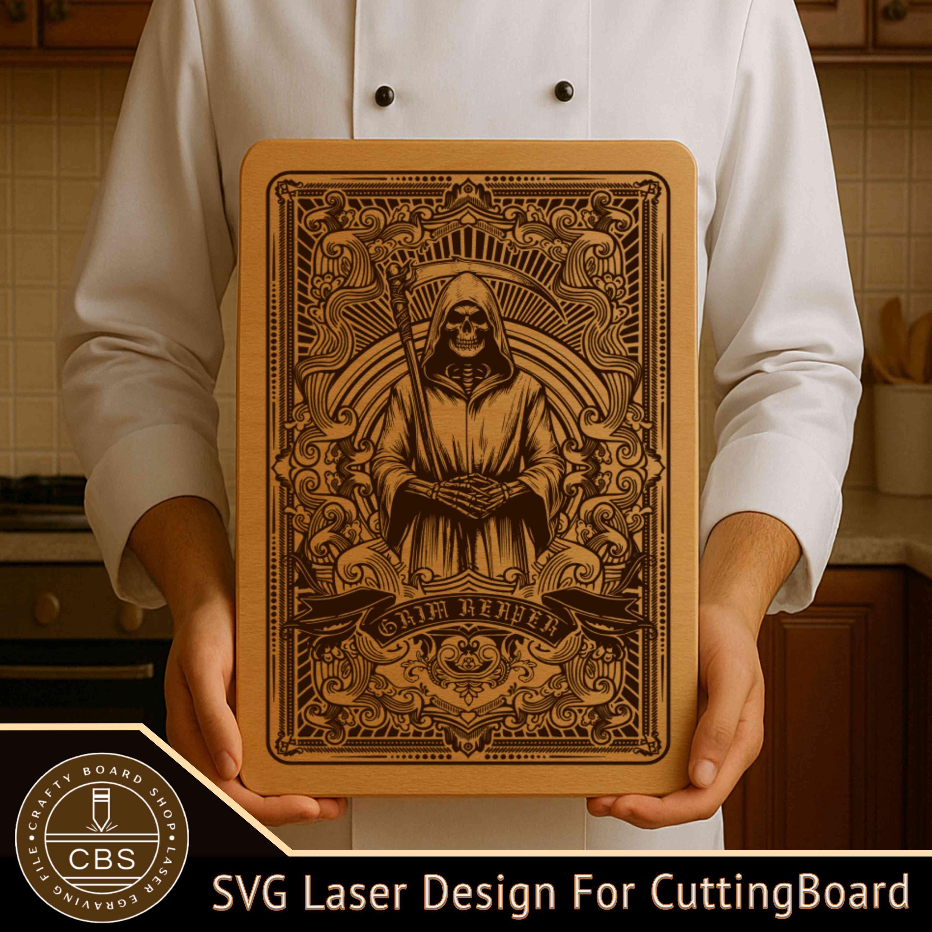 Grim Reaper Cutting Board SVG File: Laser Engraving Design (digital ...