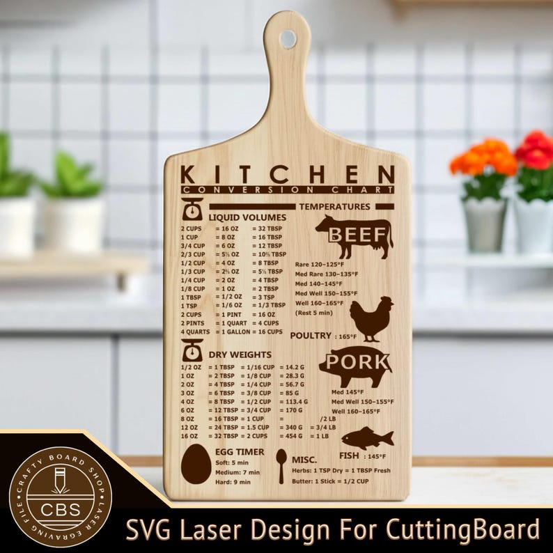 Kitchen Conversion Chart SVG File: Laser Engraved Cutting Board Design ...