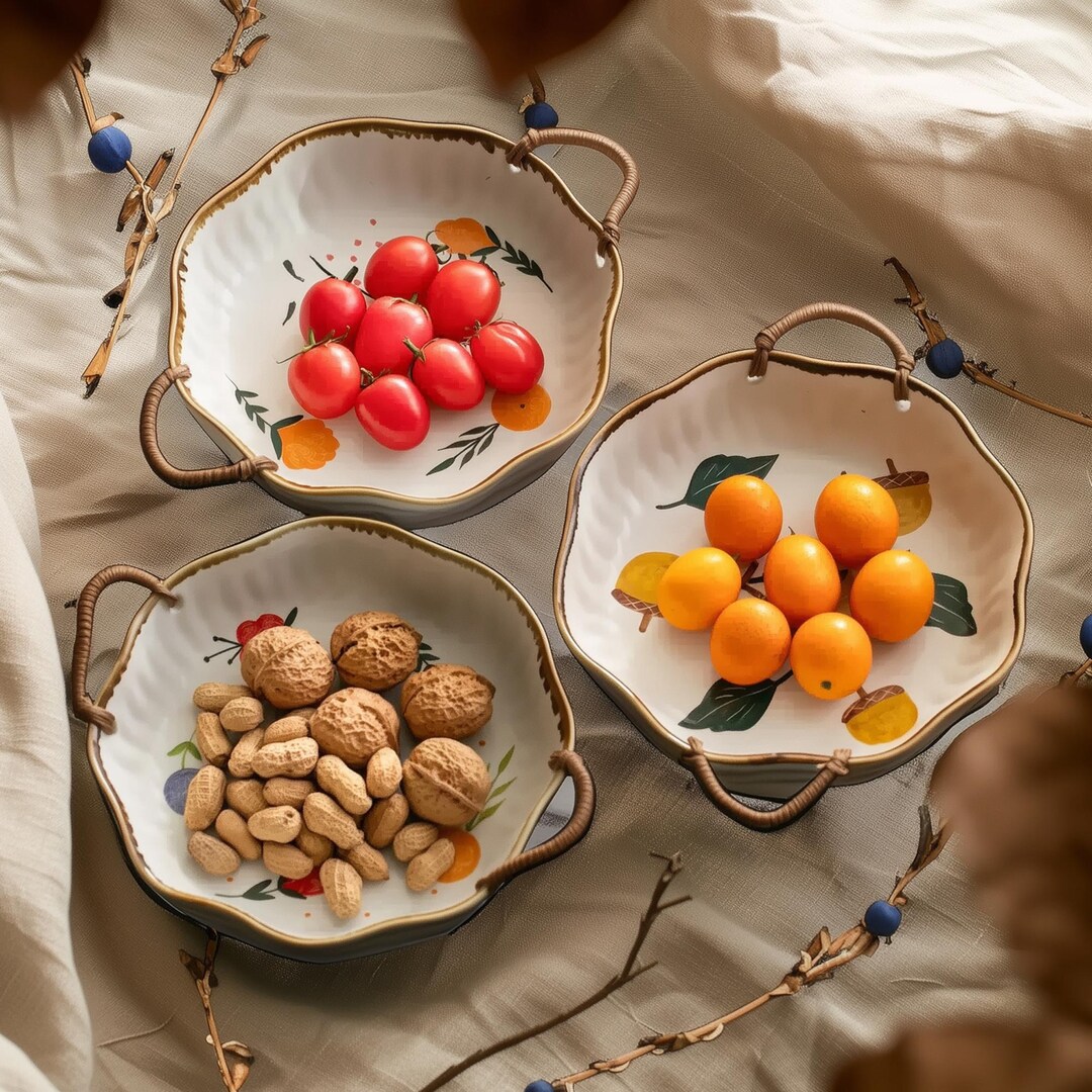 Vintage Hand-painted Ceramic Fruit Snacks Basket, Double Handle Floral ...