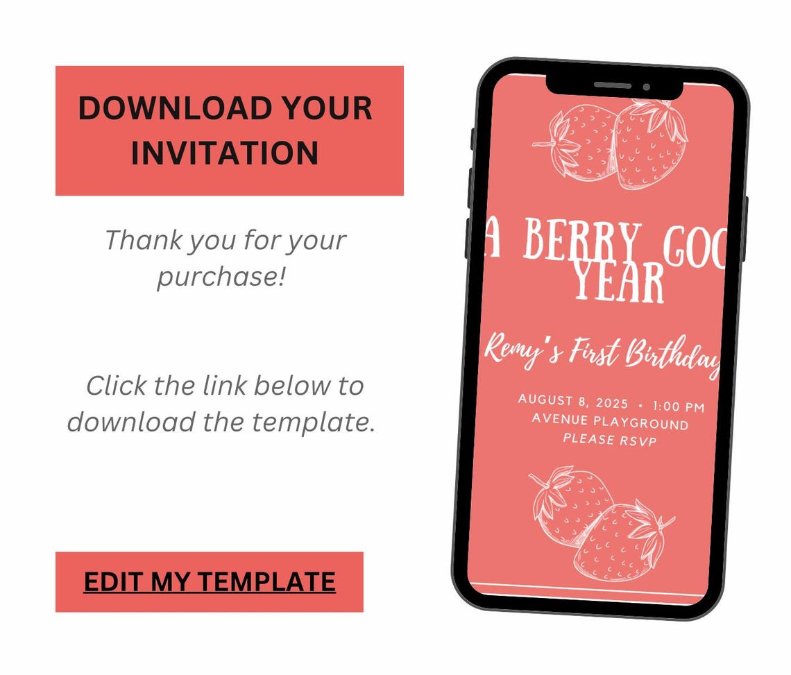 A Berry Good Birthday Invitation Strawberry Themed Digital Download - Etsy