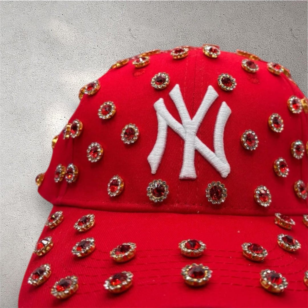 Red Custom Rhinestone New Era NY Hat | Blinged Out Hat, Custom Hat - Etsy