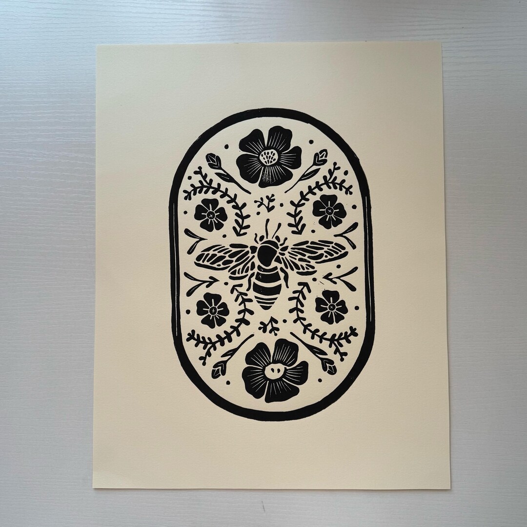 Bumble Bee Linocut Print, Handmade Print, Original Floral Print, Hand ...