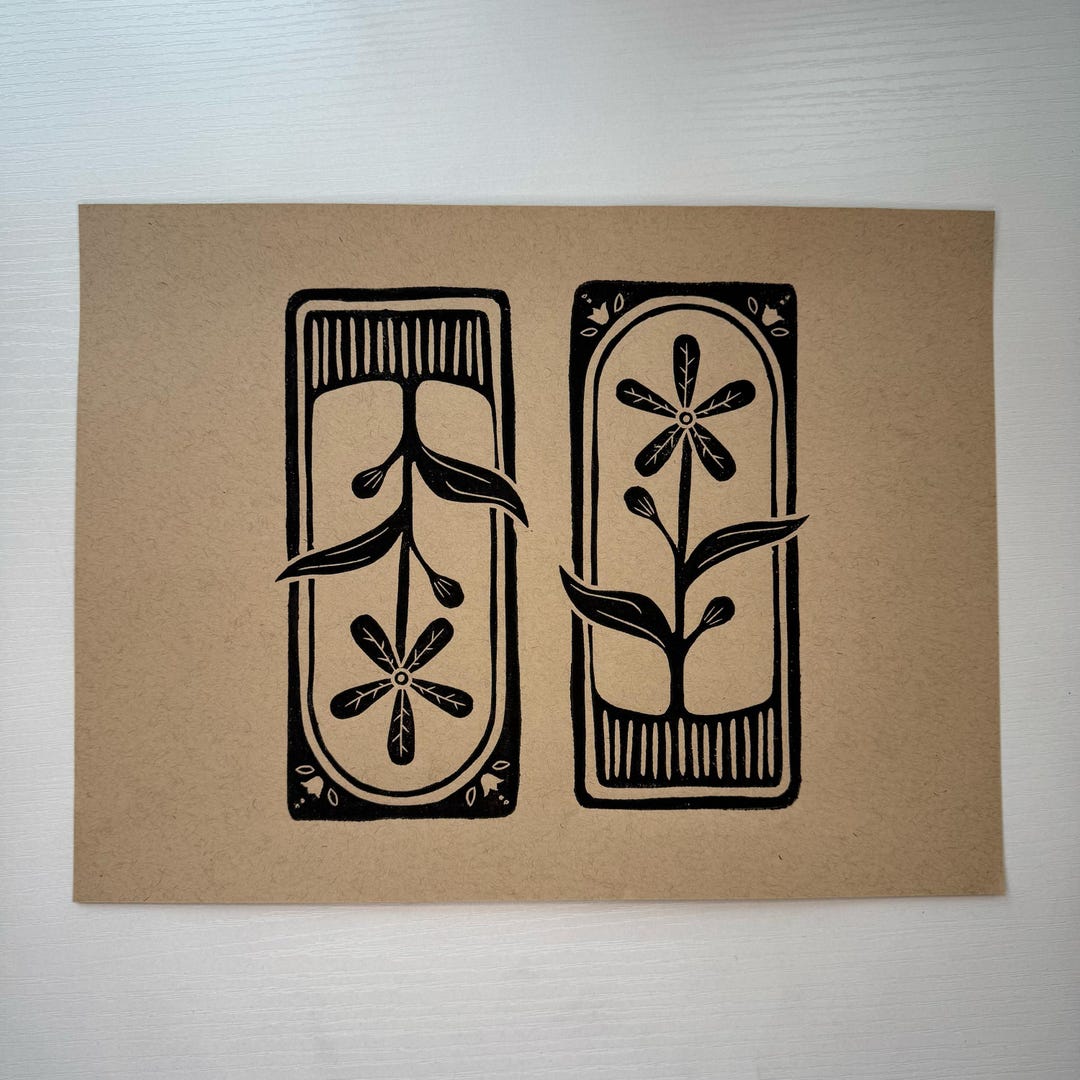 Floral Linocut, Original Flower Print, Side-by-side Floral Frame ...