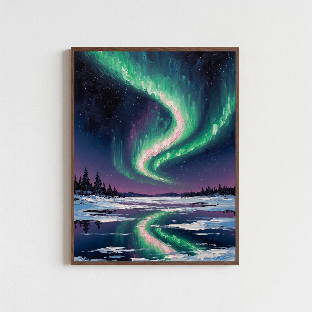 Impasto Northern Lights Art Print, Aurora Borealis Reflection Digital ...