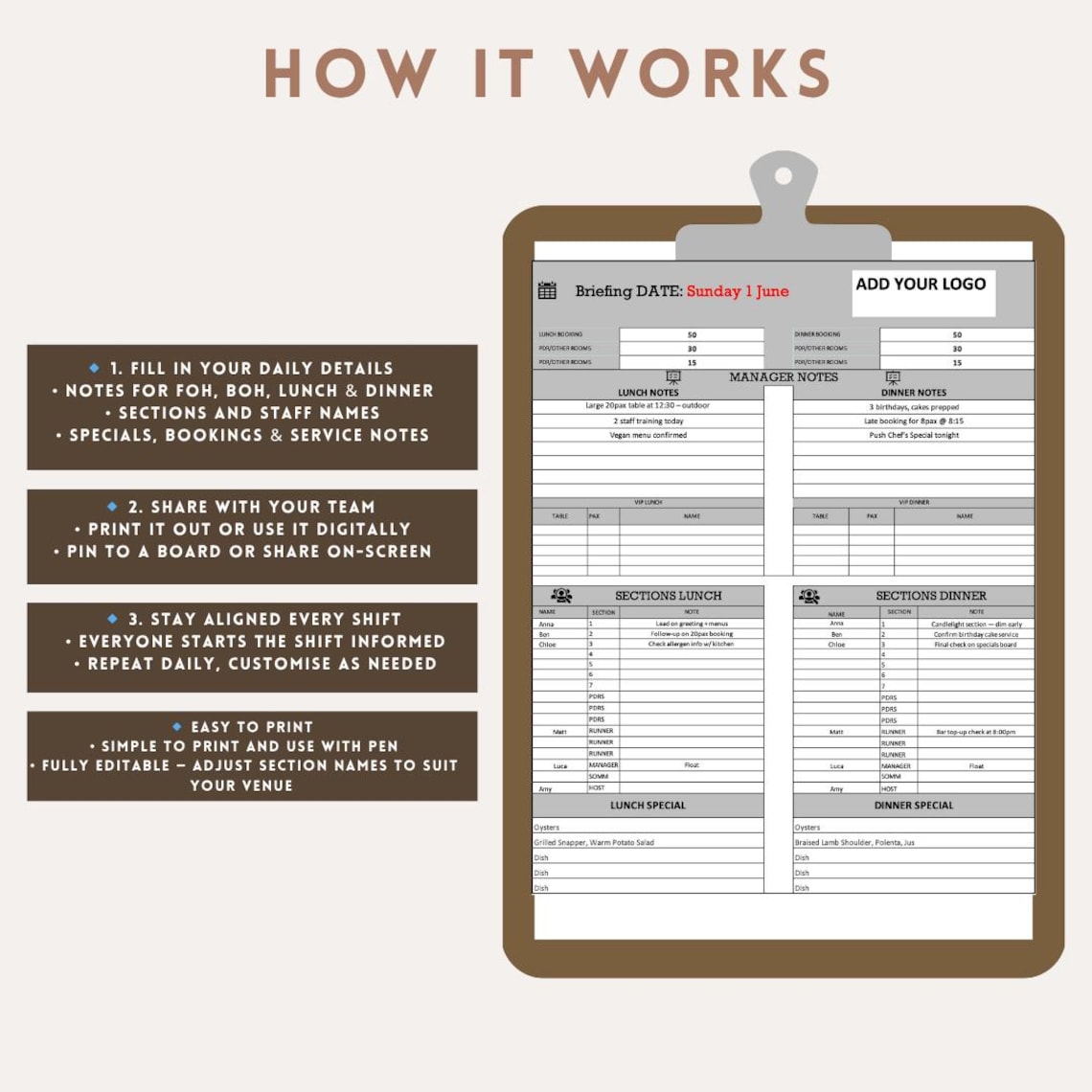Restaurant Briefing Sheet Template | FOH BOH Shift Planner (editable ...