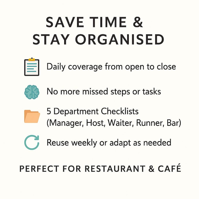 Restaurant & Cafe Checklist | Daily FOH BOH Staff Planner | Excel ...