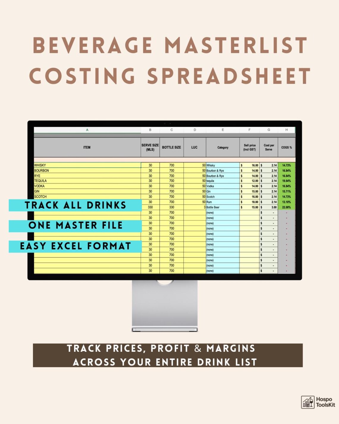 Beverage Cost Calculator Spreadsheet | Bar & Restaurant COGS Excel ...
