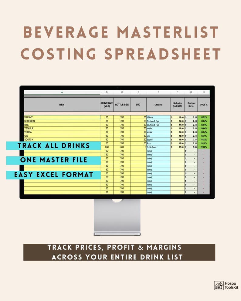 Beverage Cost Calculator Spreadsheet | Bar & Restaurant COGS Excel ...