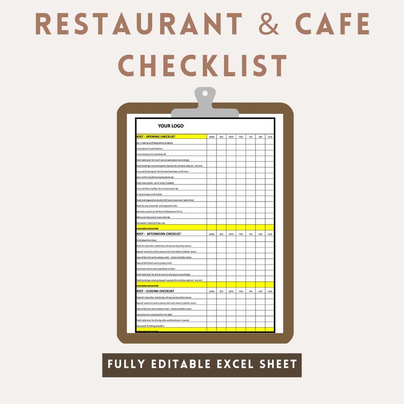 Restaurant & Cafe Checklist | Daily Staff Planner Excel Template ...