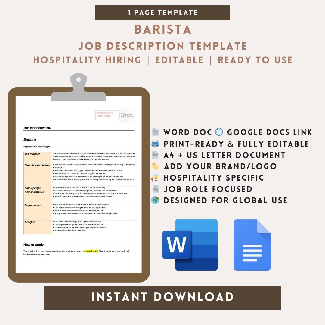 Barista Job Description Template | Hospitality Hiring | Editable Word ...