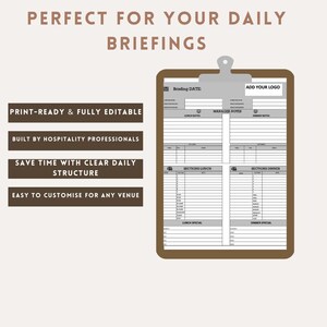 Restaurant & Cafe Briefing Sheet Template | Daily FOH BOH Shift Planner ...