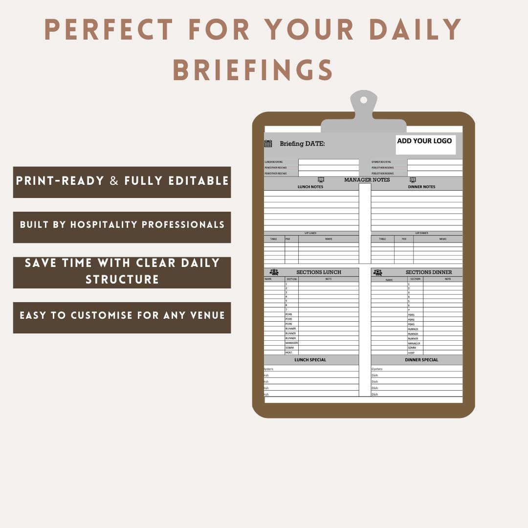 Restaurant & Cafe Briefing Sheet Template | Daily FOH BOH Shift Planner ...