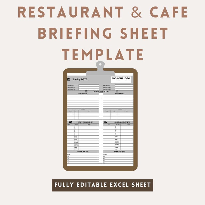 Restaurant & Cafe Briefing Sheet Template | Daily FOH BOH Shift Planner ...