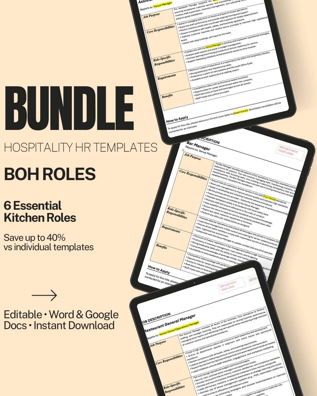 Back of House Job Description Bundle | Kitchen Roles | Editable Word ...