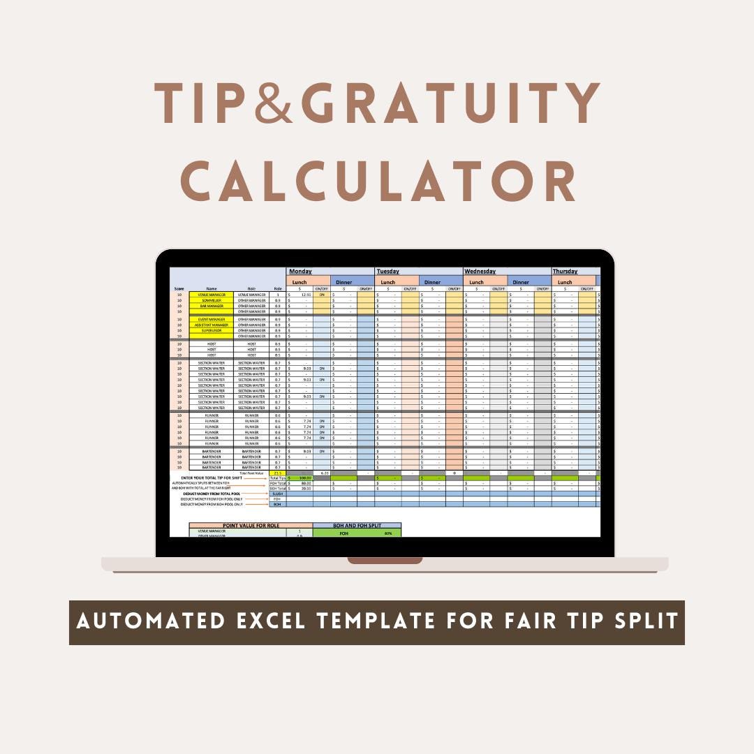Tip and Gratuity Calculator Template | Role-based Split Sheet | Excel ...