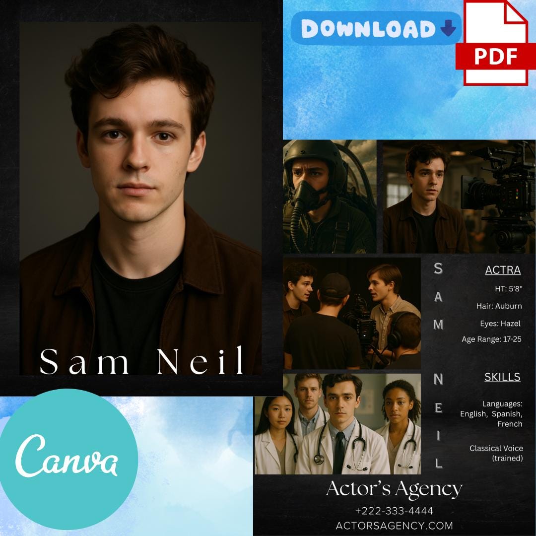 Actor Comp Card Template for Canva | Editable Zed Card Resume for ...