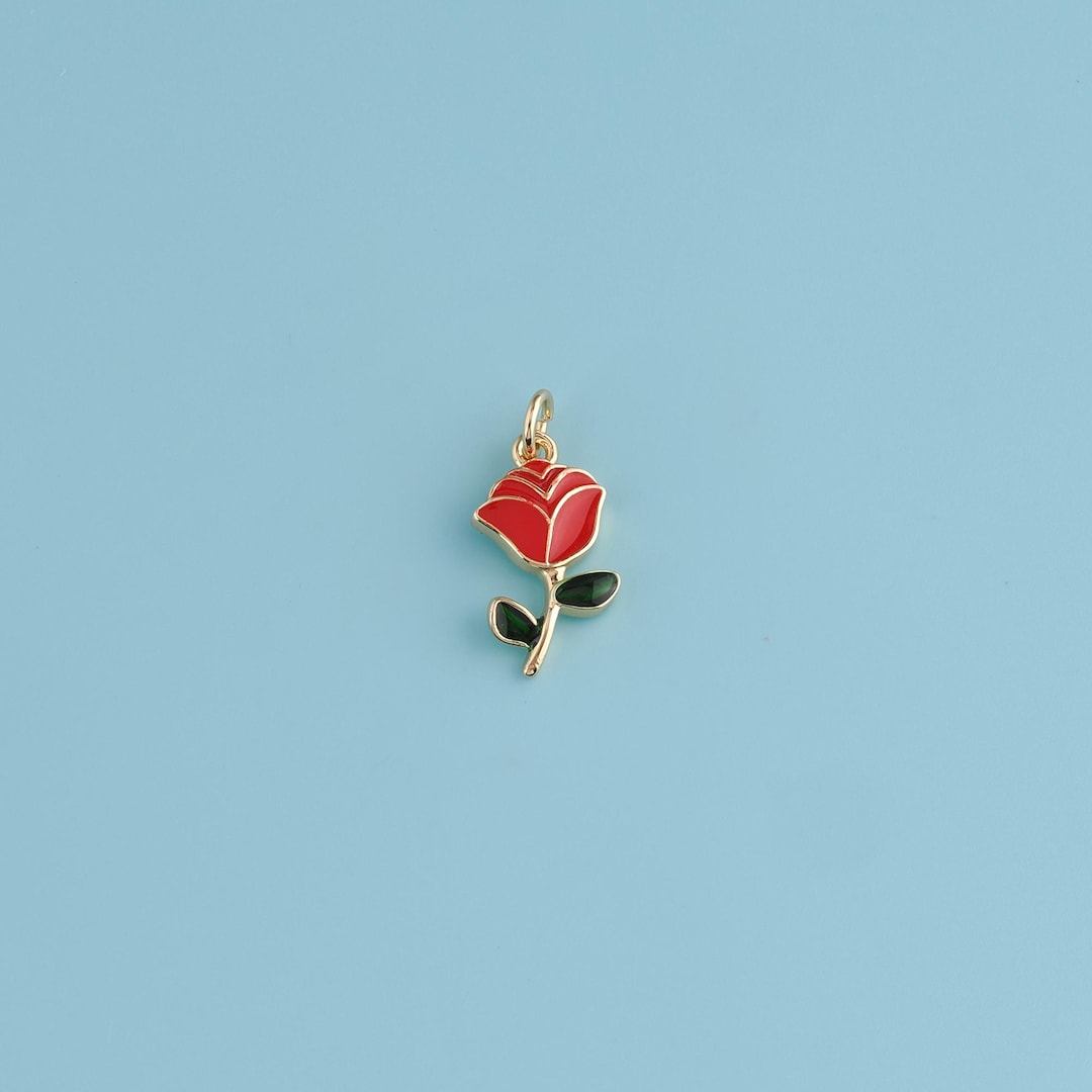 18K Gold Filled Rose Pendant,red Rose Pendant,long Stem Rose Charm,rose ...