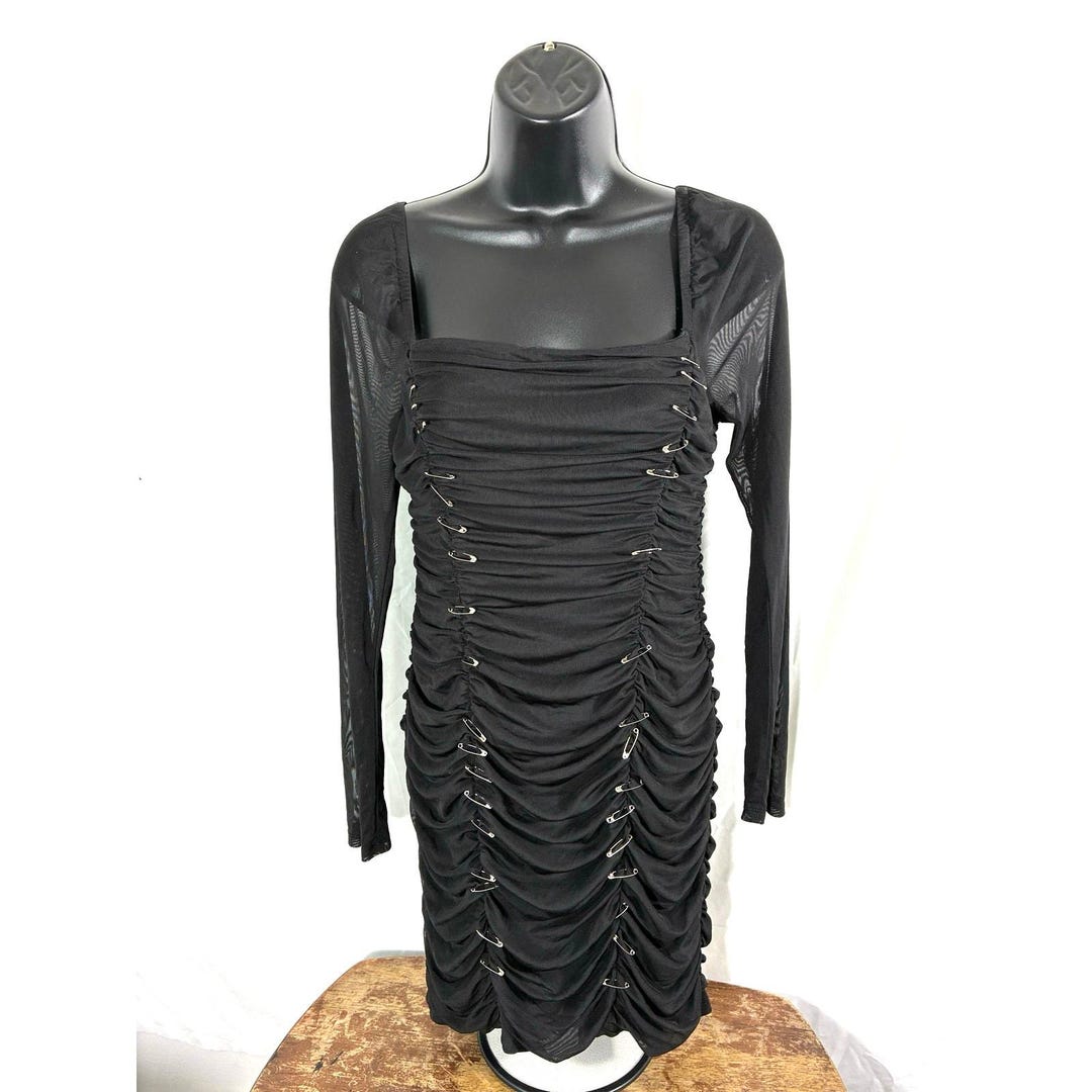 Leith Black Ruched Mesh Dress Safety Pin Detail L - Etsy