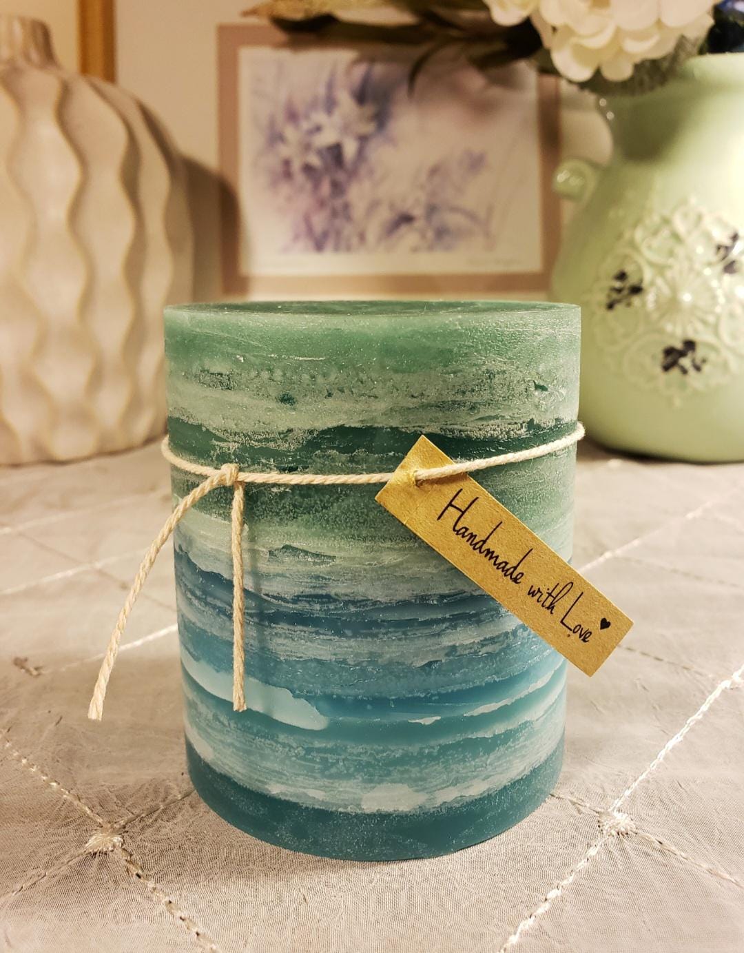 Aqua Teal Turquoise Candle L Ocean Beach Pillar Candle L Paraffin Wax ...