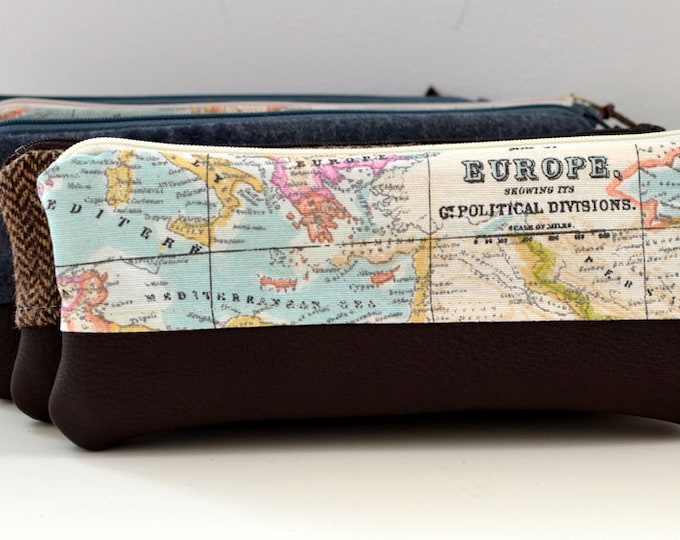 Pencil Case in World Map- Mens Zipper Pouch Leather Bag Jewelry Travel ...