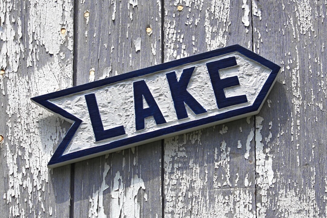 Wooden LAKE Sign Hand Carved Arrow Wall Art Directional Home Decor Lake ...