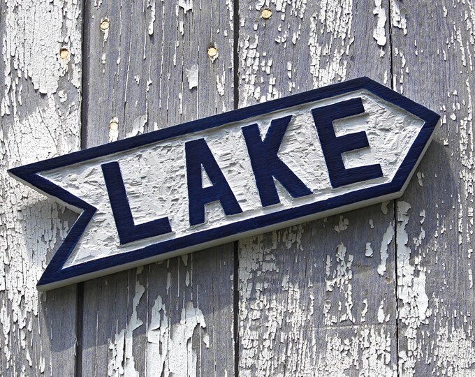 Wooden LAKE Sign Hand Carved Arrow Wall Art Directional Home Decor Lake ...