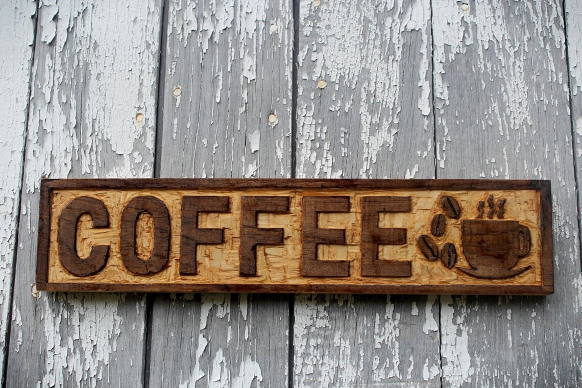 Wooden COFFEE Sign Hand Carved Old Fashioned Kitchen Decor Restaurant ...