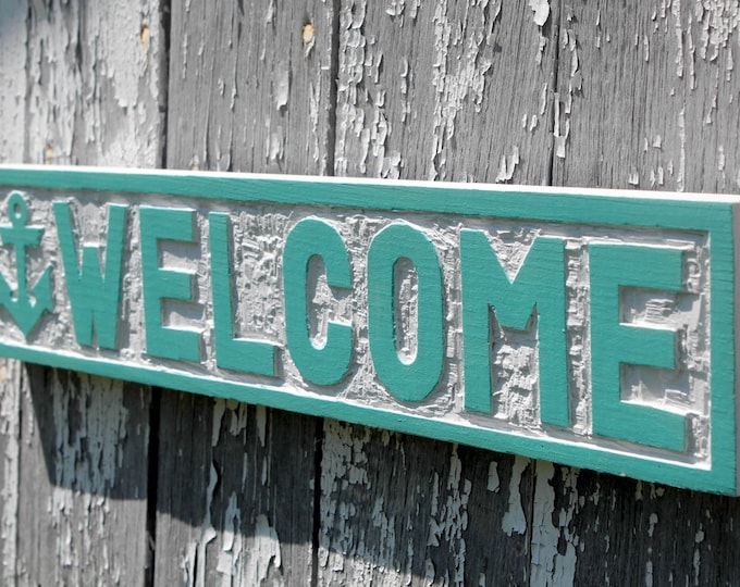 Nautical WELCOME Sign With Anchor Hand Carved Wooden Sign Preppy Wall ...