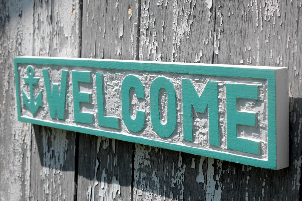 Nautical WELCOME Sign With Anchor Hand Carved Wooden Sign Preppy Wall ...